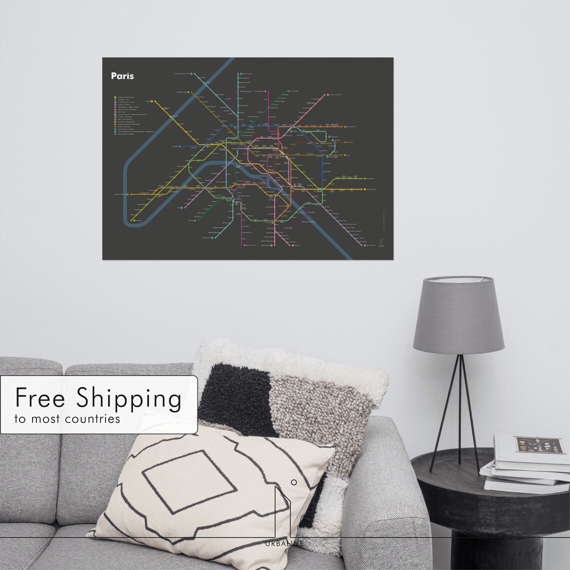 Paris Metro Map Poster dark Background Minimalist Design Transit Subway ...