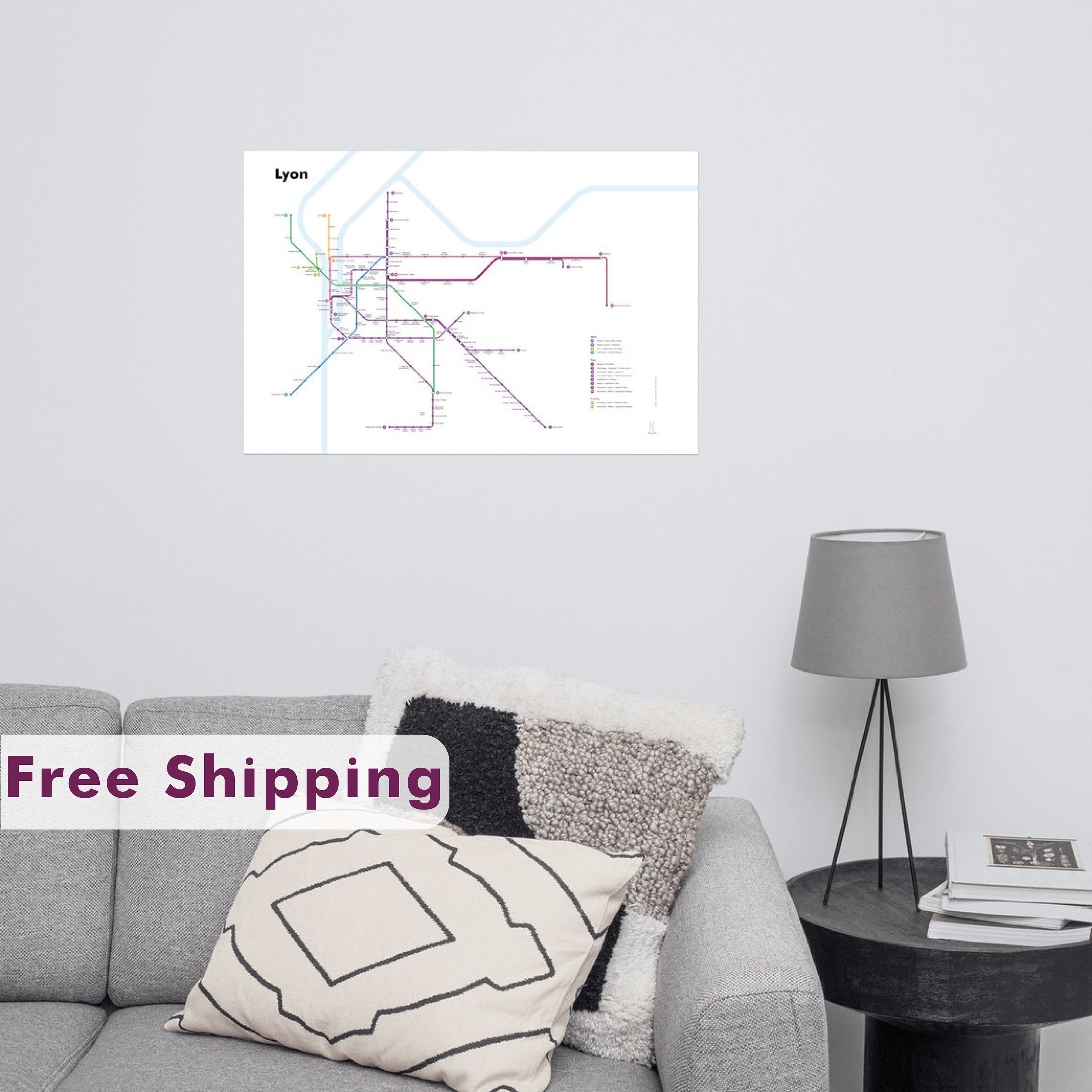 Lyon Metro / Tram Map Poster white Background Minimalist Design Transit ...