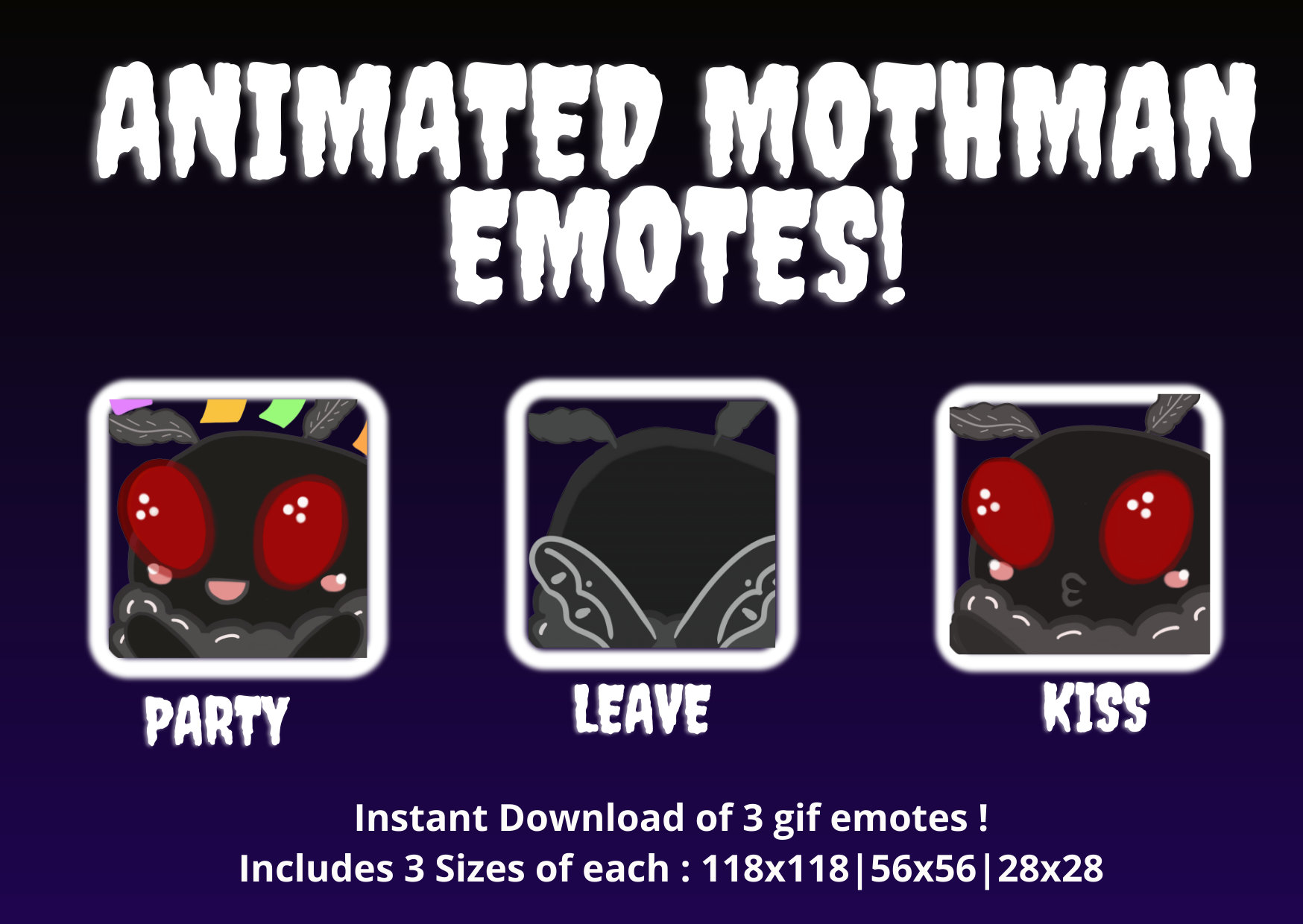 Three Animated Mothman Emotes! Party, Kiss and Leave Gif / Moving ...