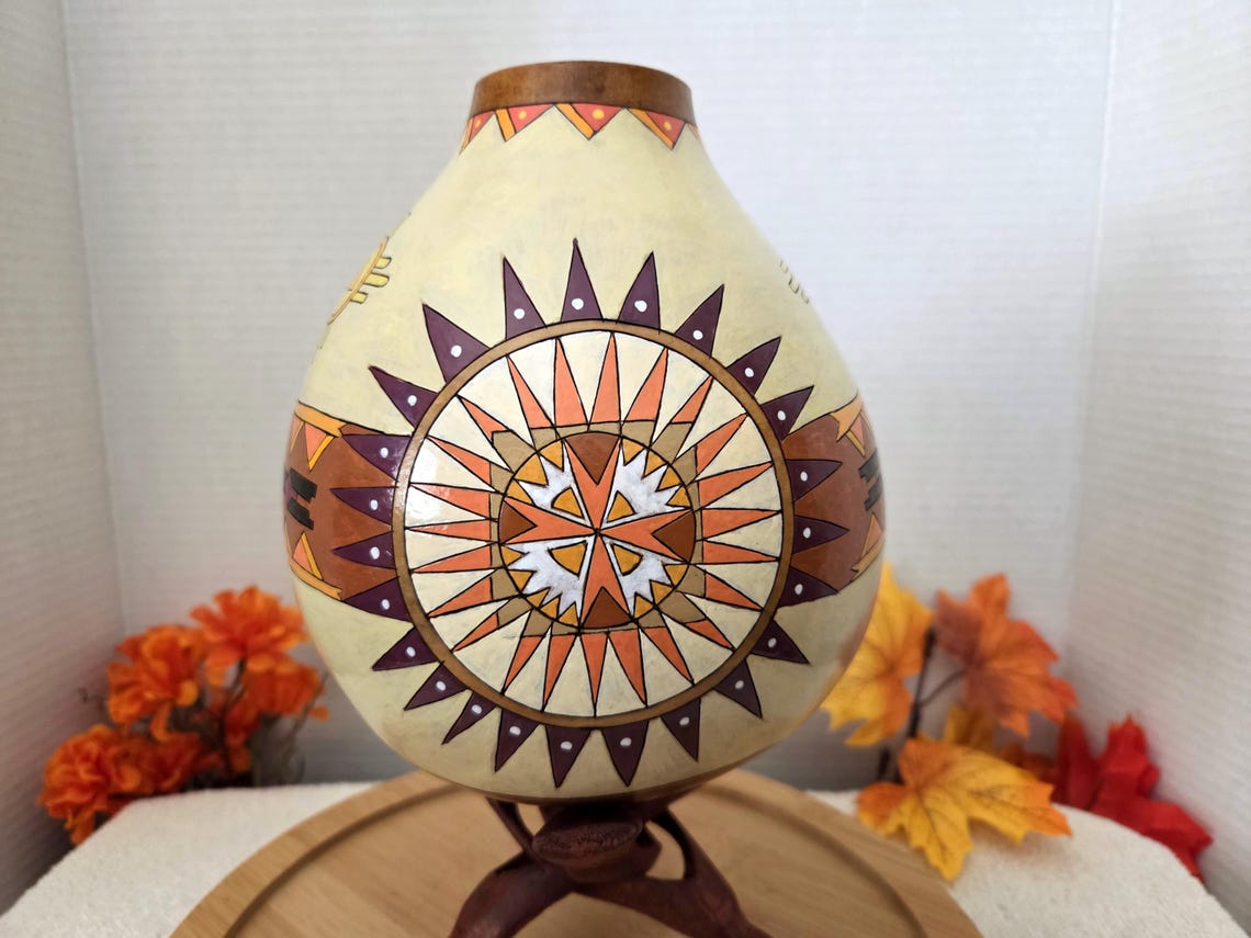 Hopi Gourd Vessel: Handcrafted Thunderbird & Sunburst Design - Etsy