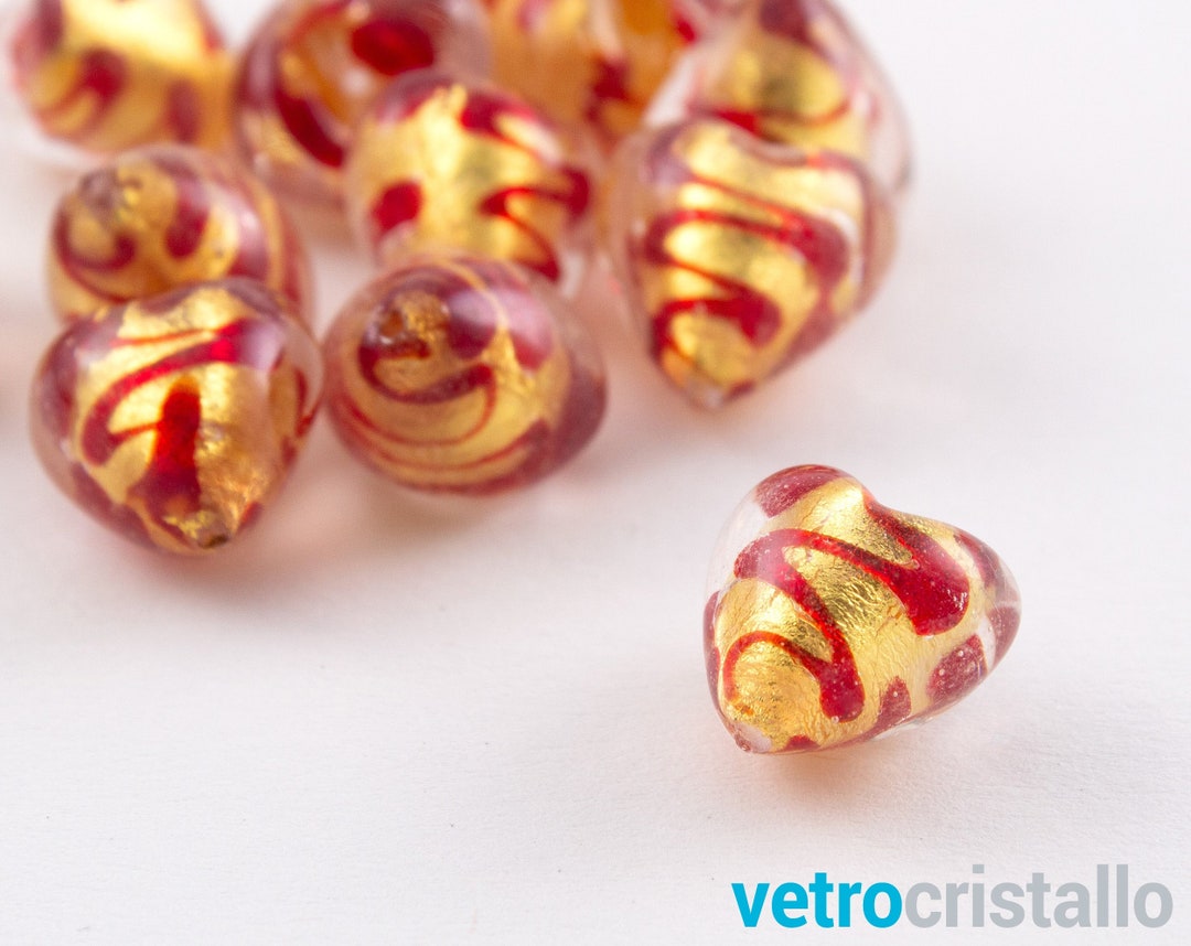 Lot 5 Murano Glass Heart Beads 15 Mm Crystal Color, Red and Submerged ...