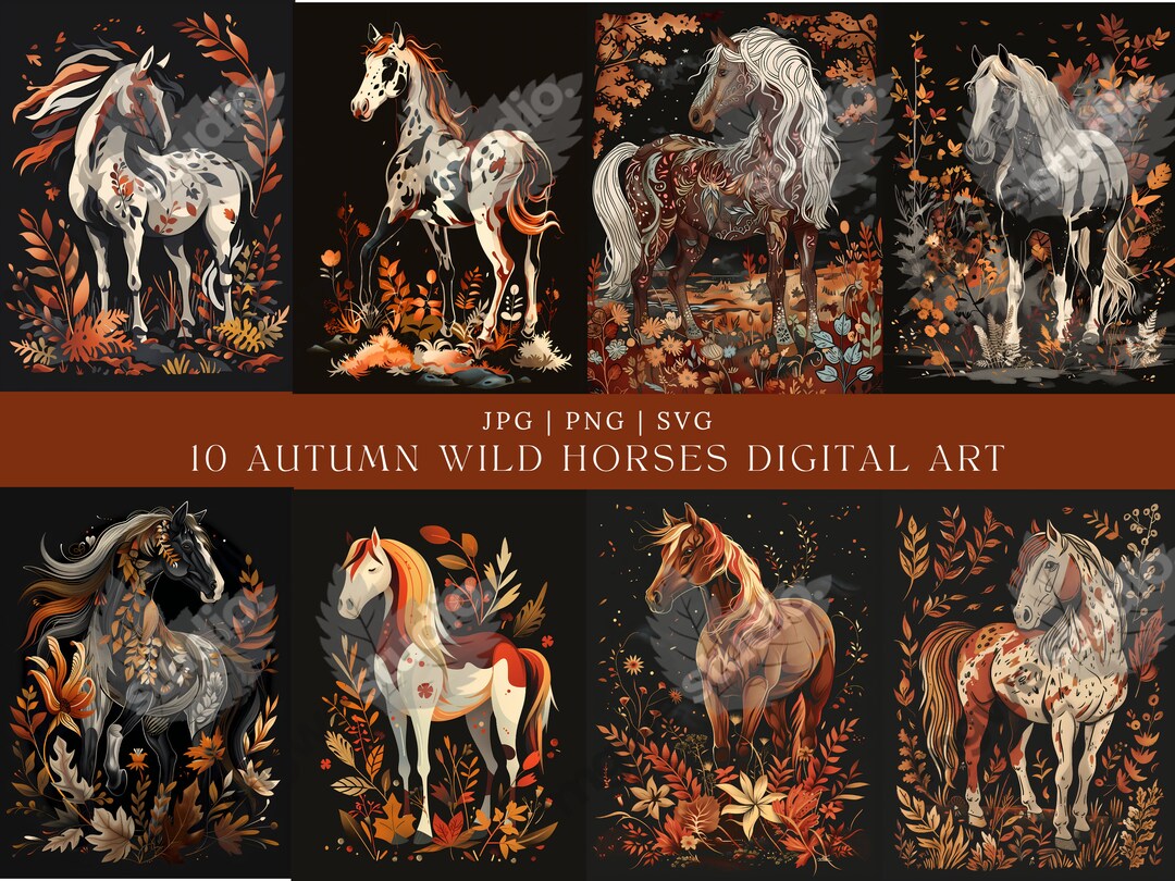 10 Wild Horses Clipart, Autumn Set, Printable Watercolor Clipart, High ...