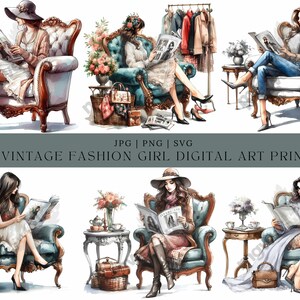 Watercolor Fashion Girl Clipart: Vintage PNG Set (digital Download) - Etsy