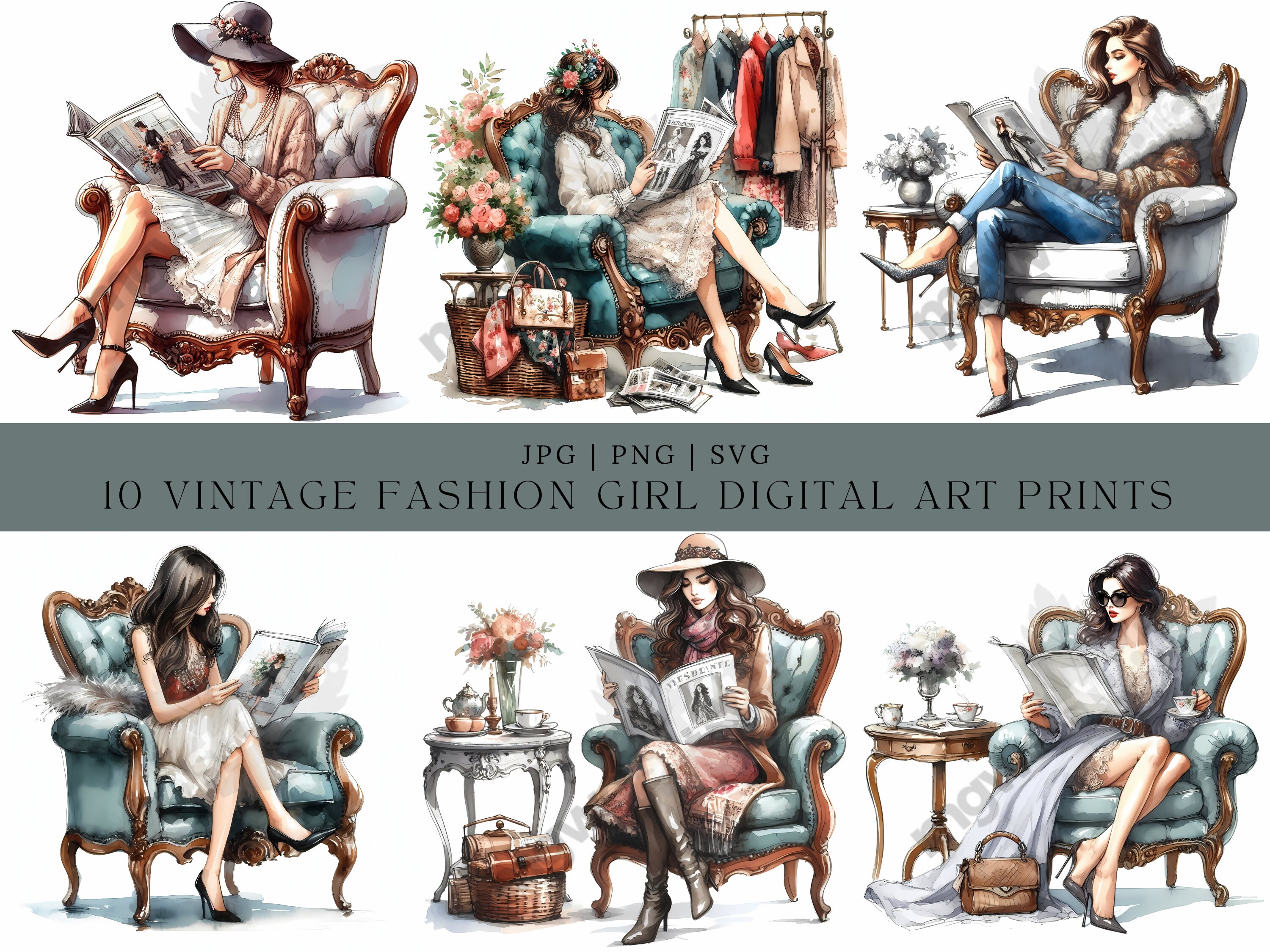 10 Watercolor Girl Clipart, Vintage Fashion Girl Set, Printable, High ...