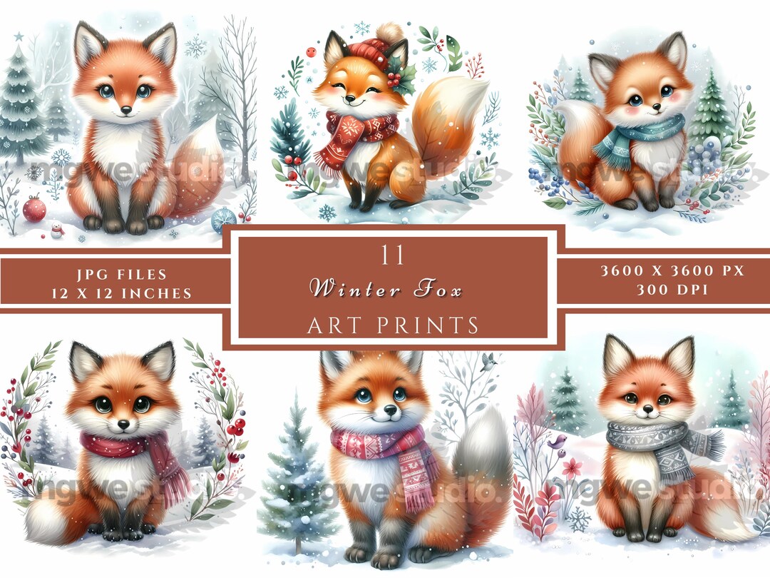11 Winter Fox Clipart Jpgs, Printable Watercolor Clipart, Winter Cute ...