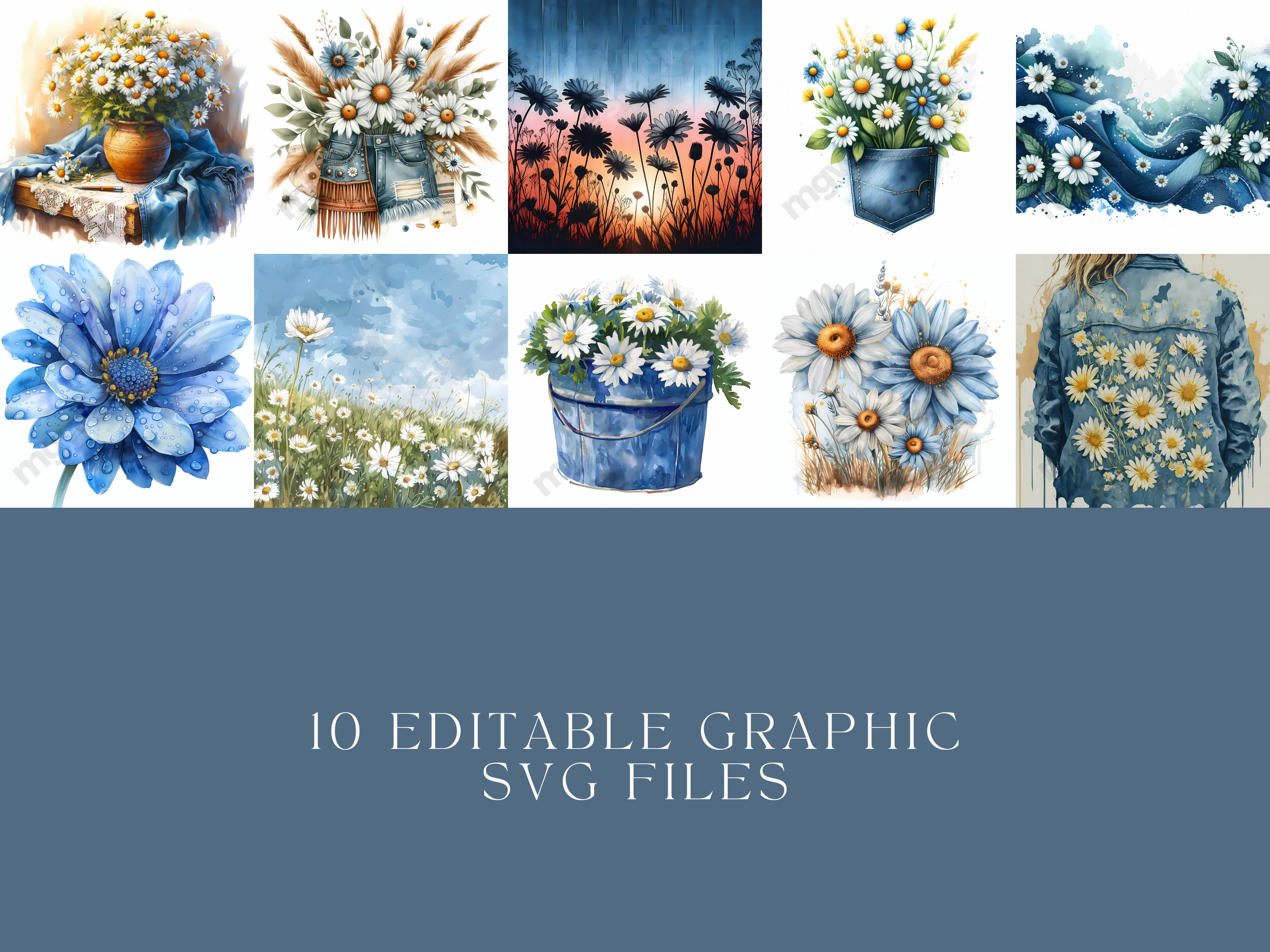 Denim & Daisies Digital Art Watercolor Clipart Floral Watercolor High ...