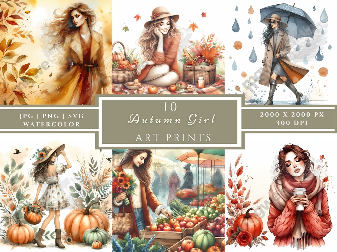 Watercolor Autumn Girl Clipart Set, Printable PNG JPG SVG (digital ...