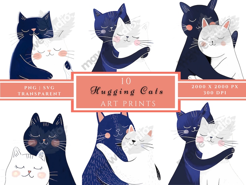 Cat Clipart Hugging Cat Art Clipart Cute Animal, PNG Instant Download ...