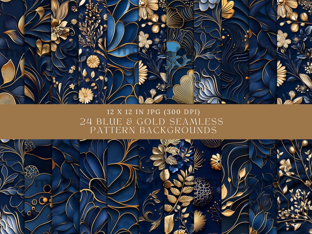 Blue and Gold Digital Paper Floral Seamless Deco Background Digital ...