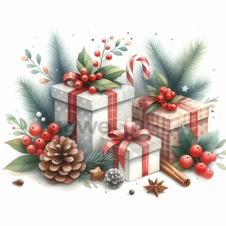 Watercolor Christmas Gift Clipart, Holiday Presents Art Prints (digital ...