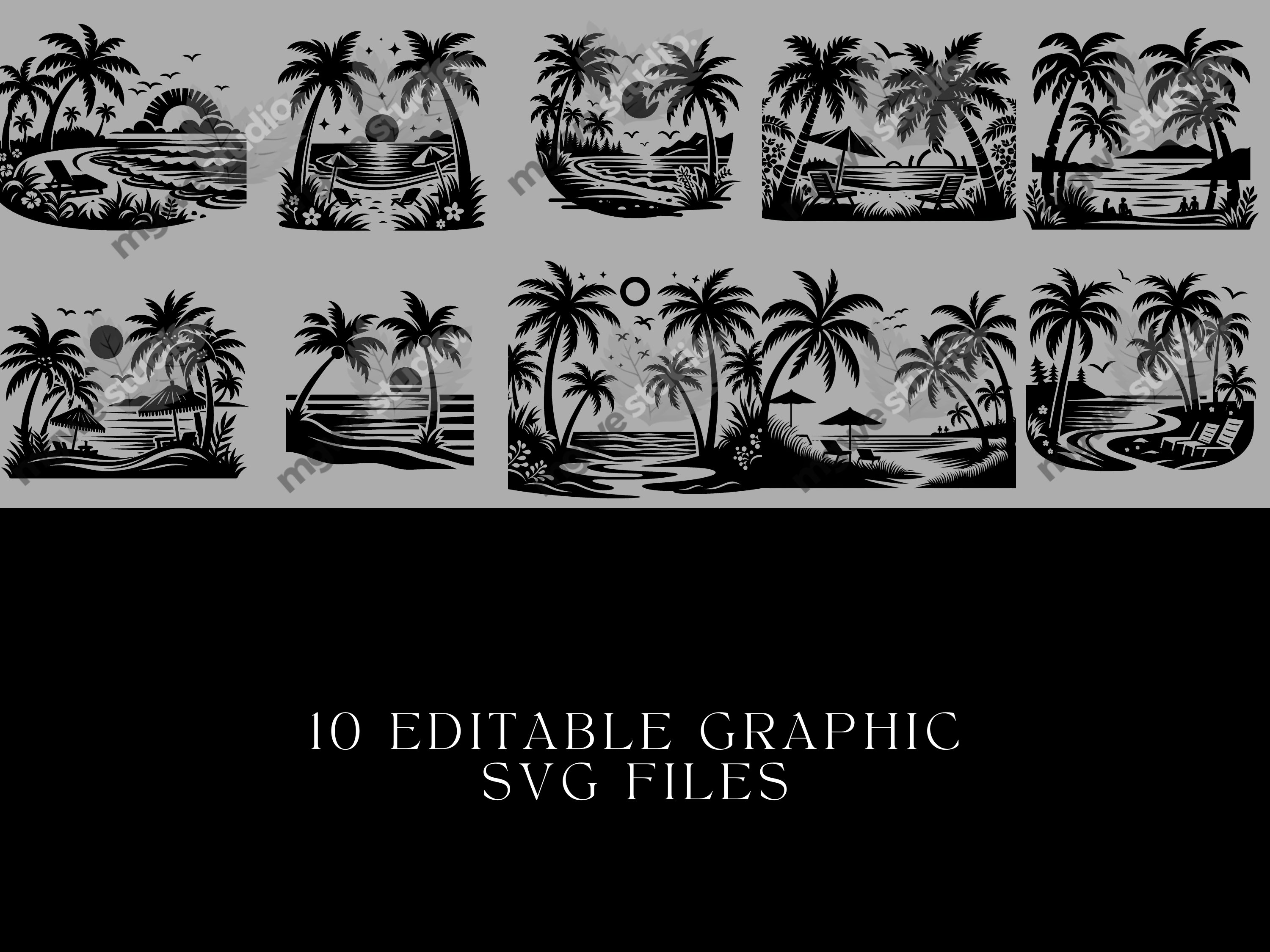 Beach Scene SVG Bundle: Tropical Island Palm Tree Designs (digital ...