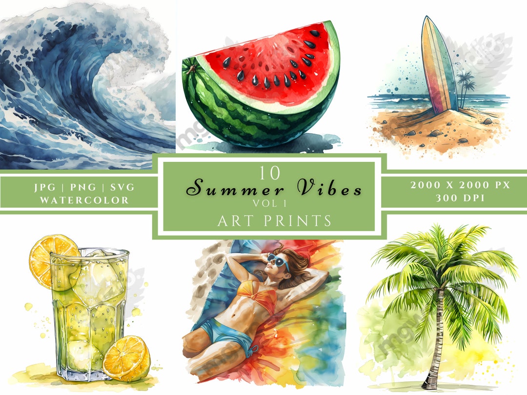 Summer Watercolor Clipart: Beach Digital Prints (SVG, PNG, JPG) - Etsy