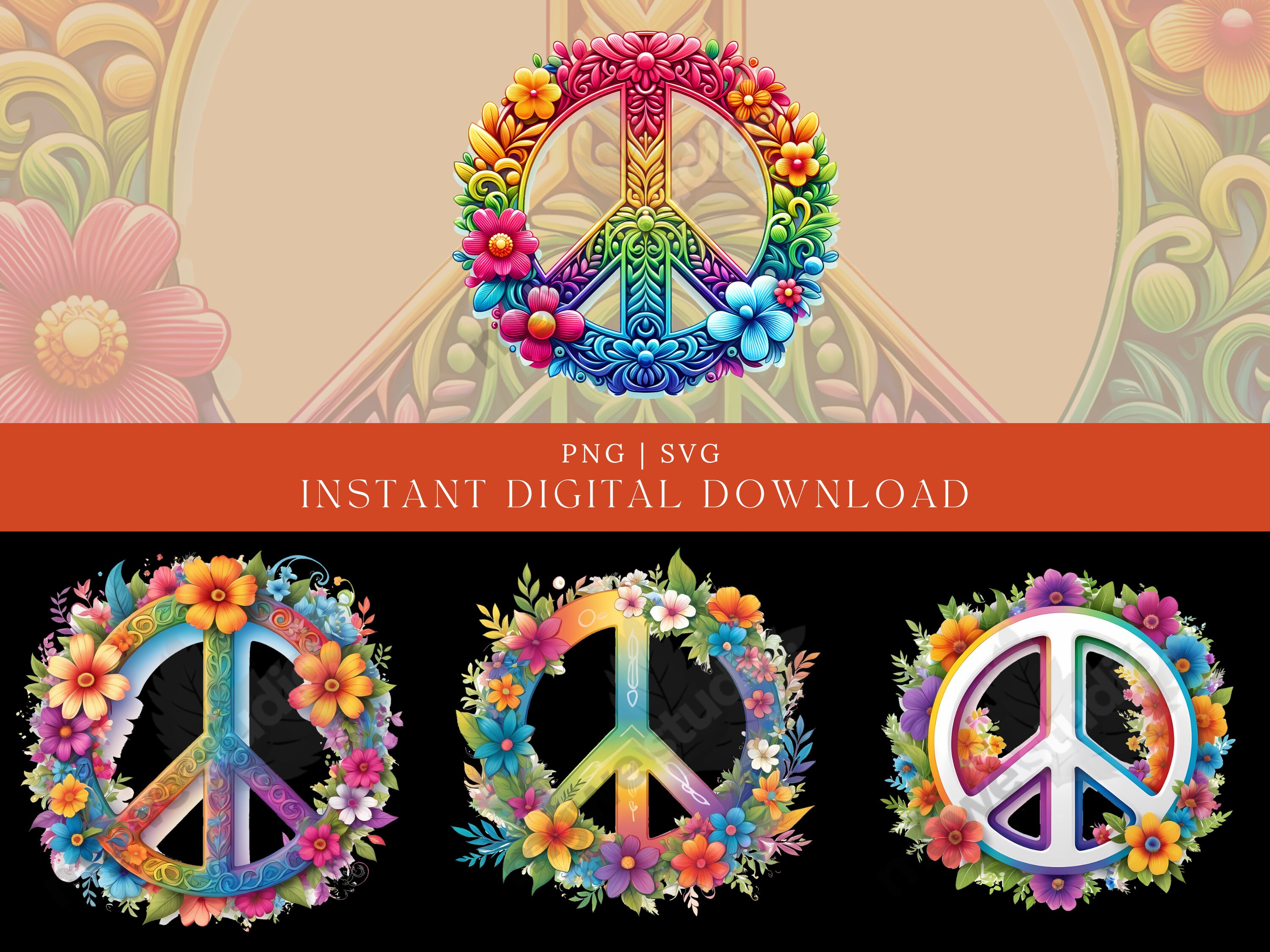 Peace Sign Clipart Boho Transparent Digital Art Print, PNG Instant ...