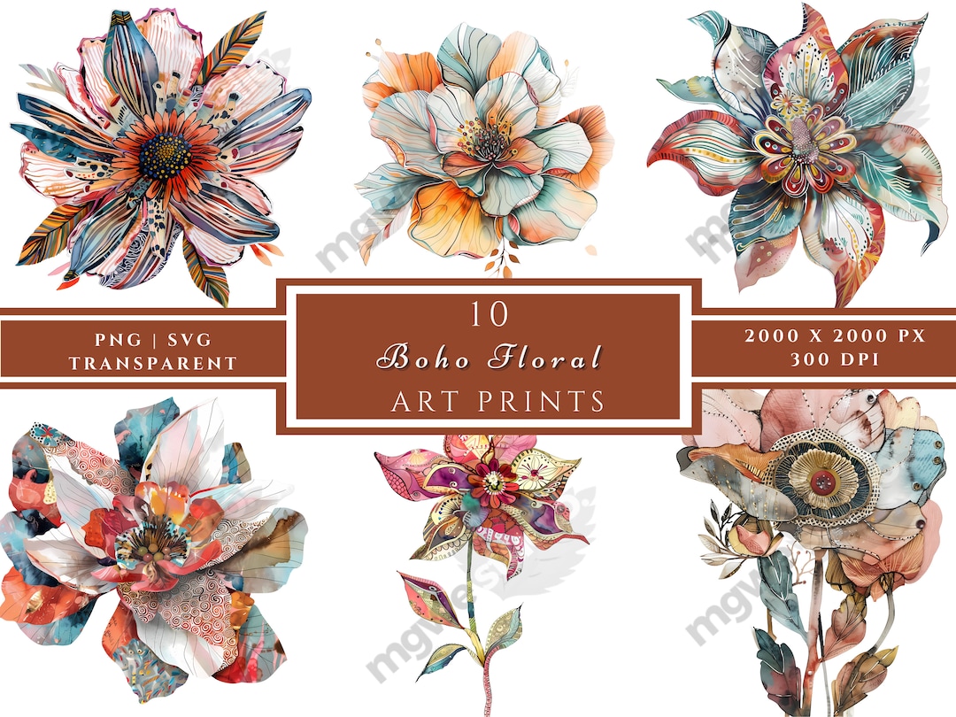Boho Floral PNG Clipart: Transparent Fall Flower Designs (digital ...