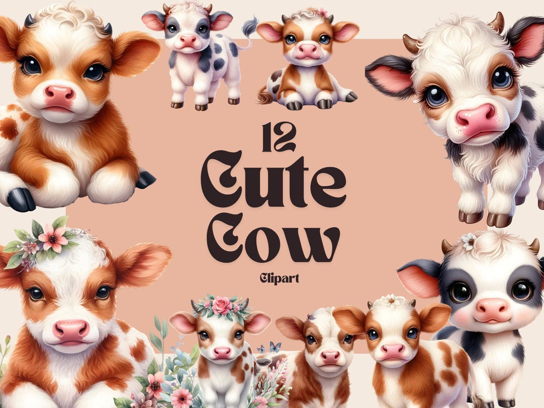 12 Cute Baby Cow Watercolor Clipart, Digital Download, Nursery Wall Art ...