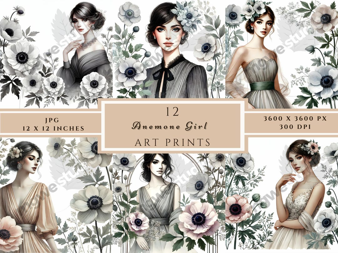 Watercolor Girl Clipart, 12 Jpg, Anemone Girl, Digital Download, Wall ...