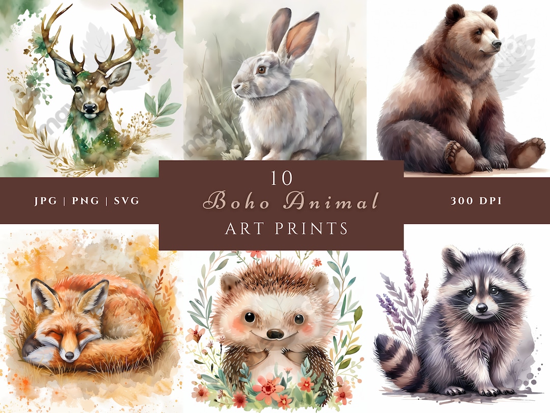 Animal Watercolor Clipart Boho Clipart Woodland Animal Digital Prints ...