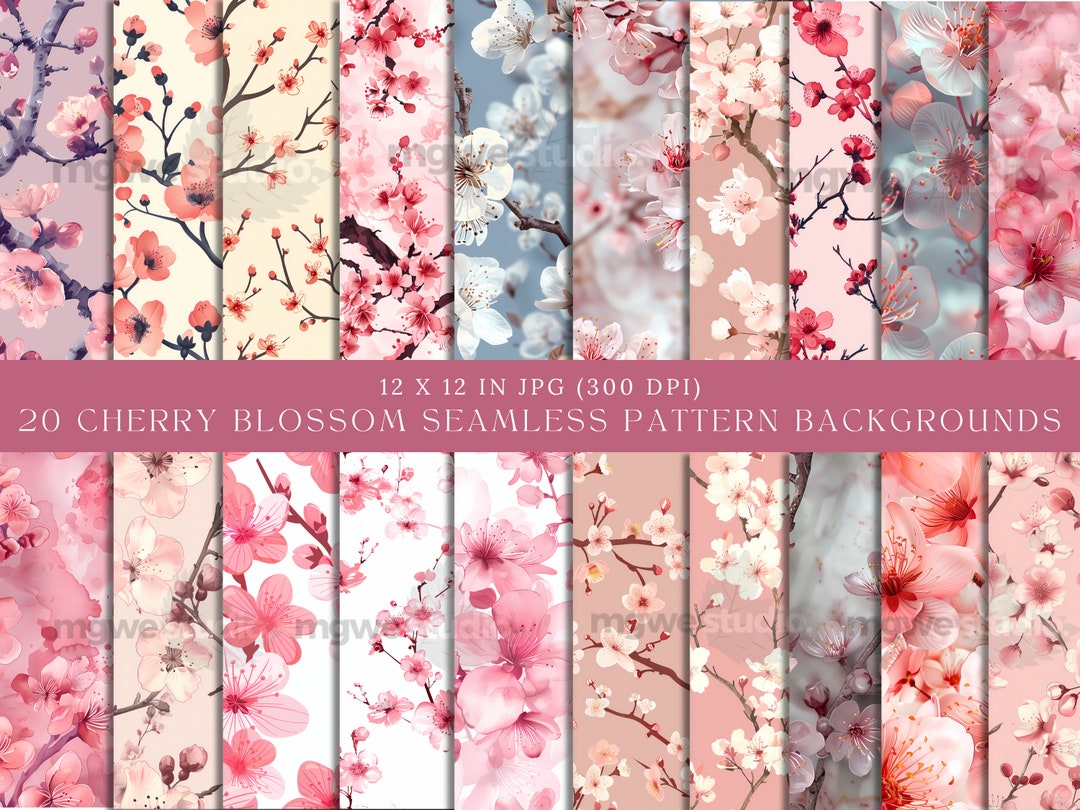 Cherry Blossom Digital Paper Floral Seamless Pattern Pink Background ...