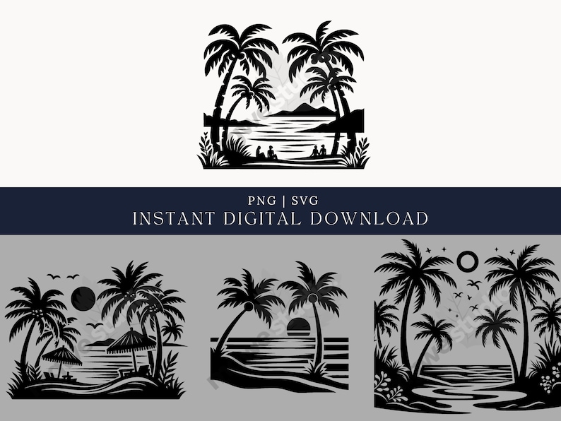 Beach Scene SVG Bundle: Tropical Island Palm Tree Designs (digital ...