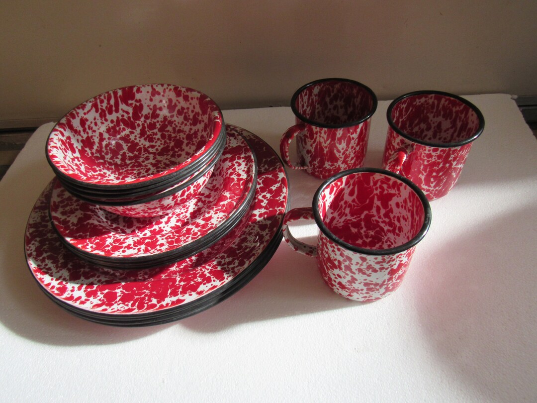 15 Piece Vintage Enamelware Red Splatter Plates Bowls Cups - Etsy