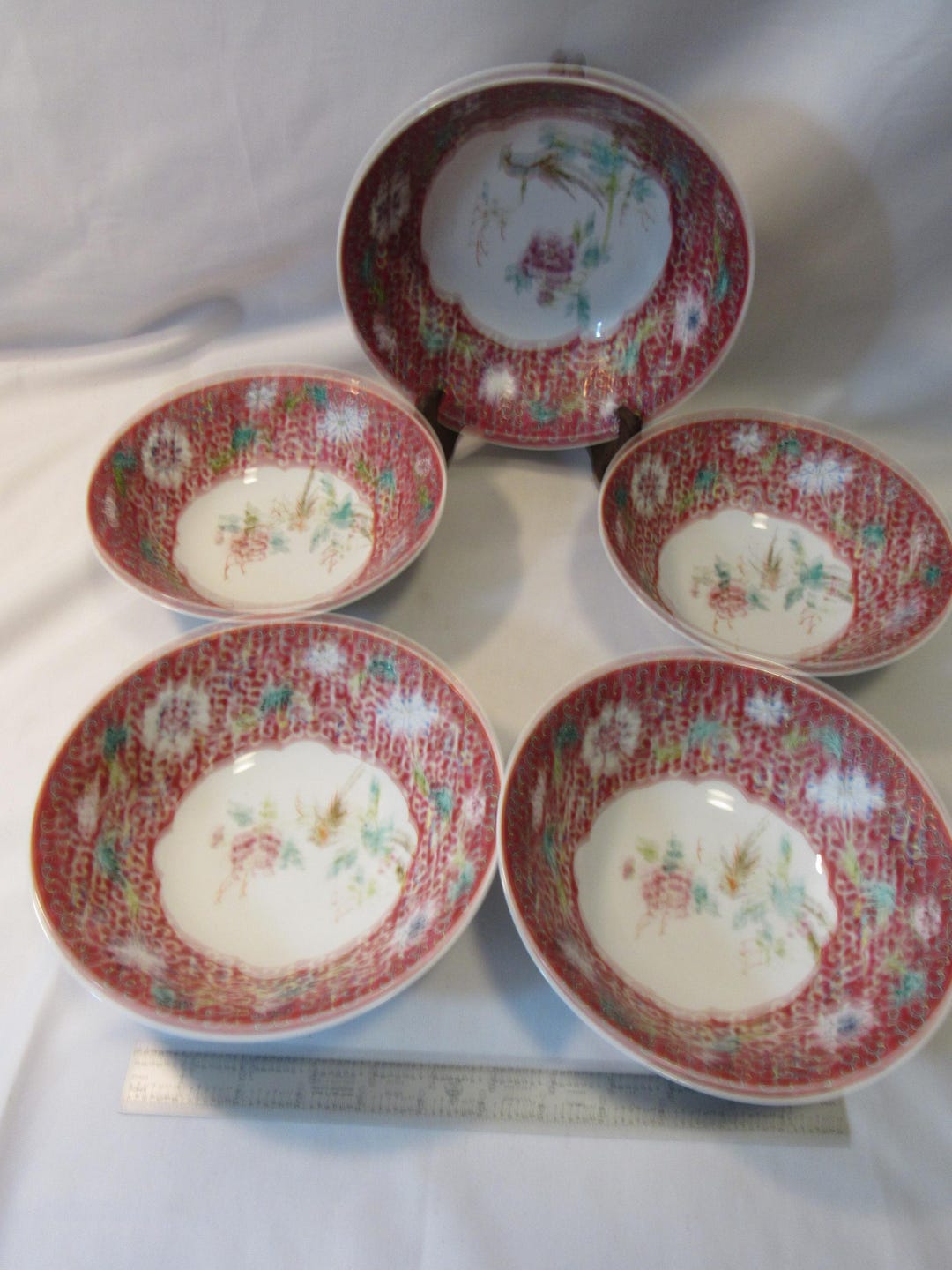 Vintage Rare 5 Chinese Red Mun Shou Round Serving Bowls With Bird ...