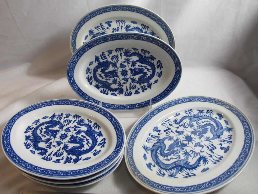 Double Dragon Vintage Chinese Blue&white Oval Dishware 6 Pieces - Etsy