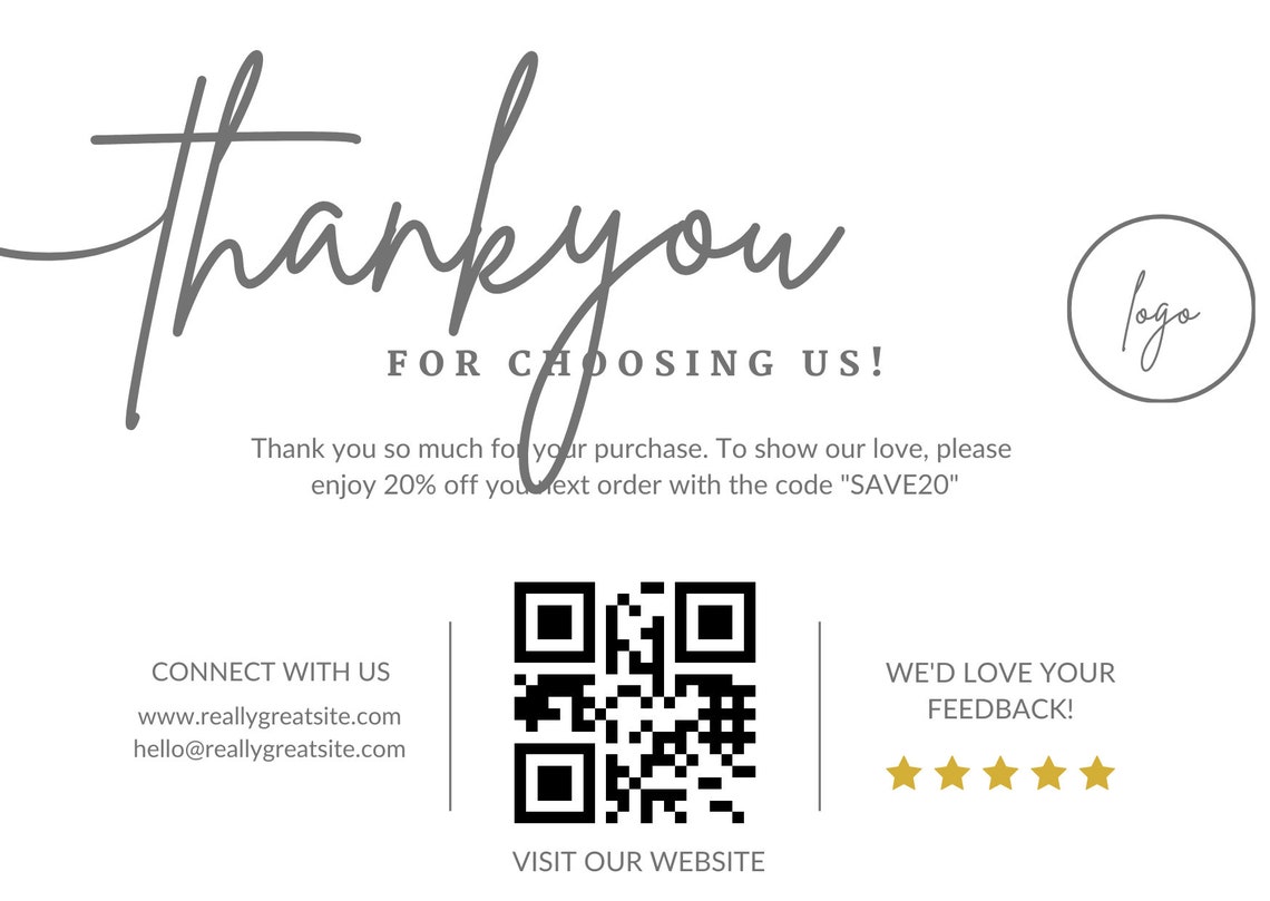 Custom QR Code, Unique Thank You Card Template, Canva, Editable, Small ...