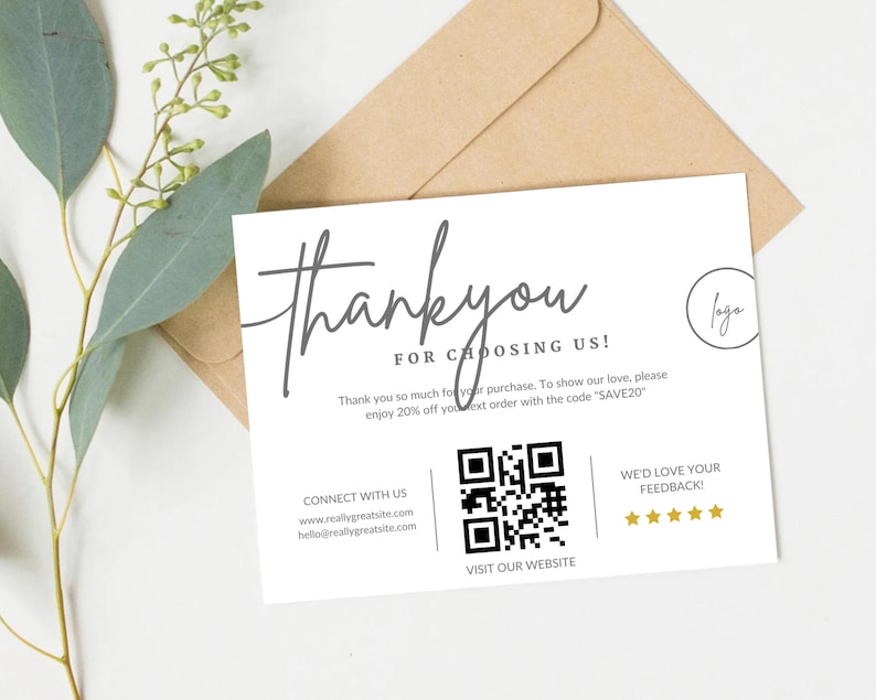 Custom QR Code, Unique Thank You Card Template, Canva, Editable, Small ...