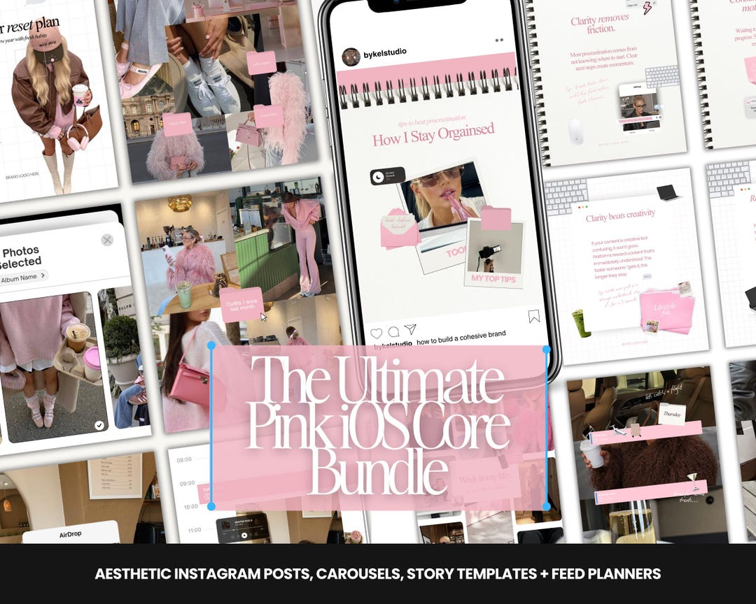 Pink Aesthetic Ios Core Instagram Templates Bundle for Social Media ...