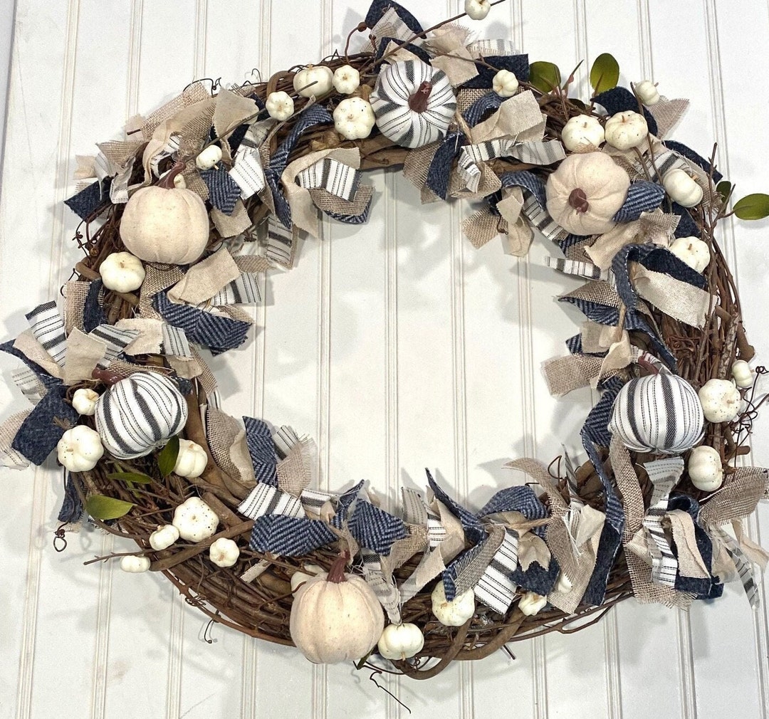 Fall Grapevine Wreath, Burlap Pumpkin Wreath, Fall Beach Wreath, Blue ...