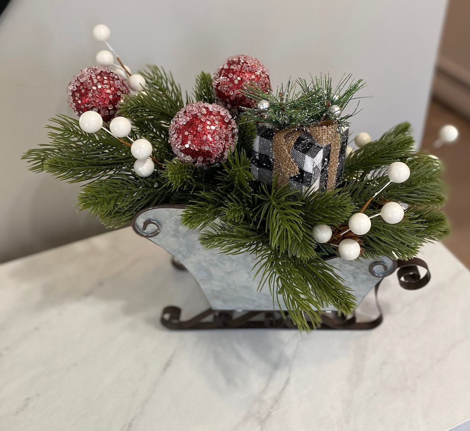 Christmas Sleigh With Greenery, Sleigh Centerpiece, Christmas Sleigh ...