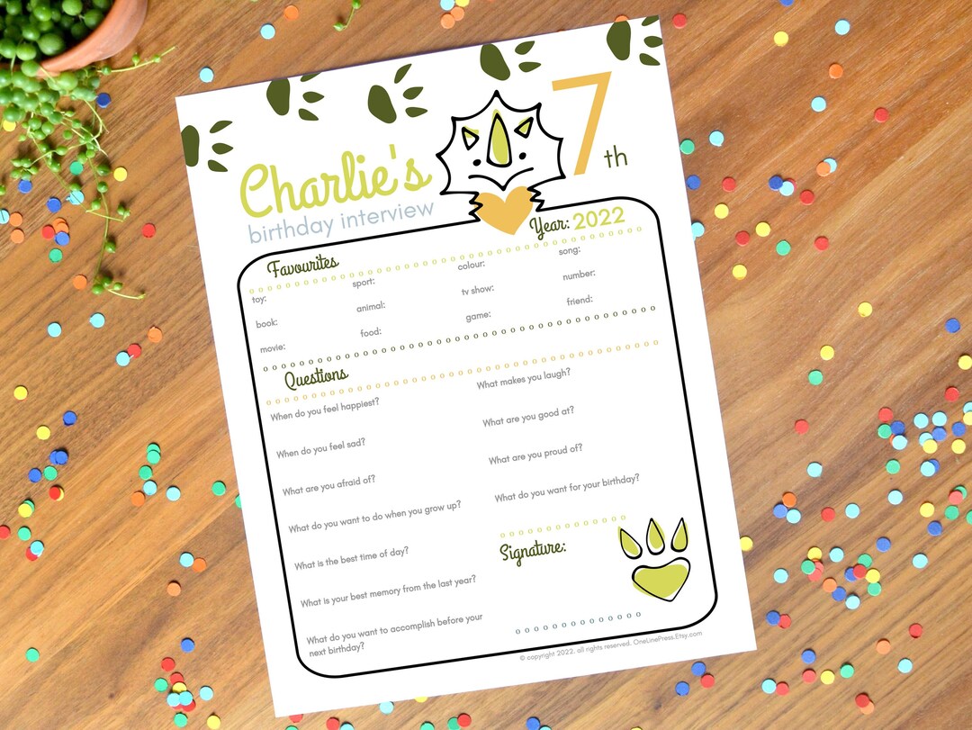 Printable Dinosaur Birthday Interview Kids Birthday Quiz Custom All ...