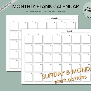 Printable Calendar Pages Fillable PDF Sunday & Monday Start | Etsy