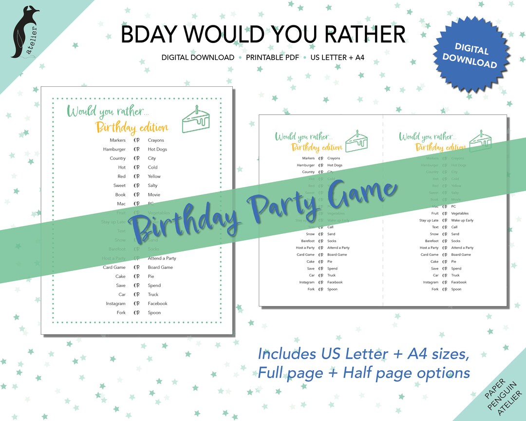 Birthday Would You Rather Party Game | Print at Home Birthday Game ...