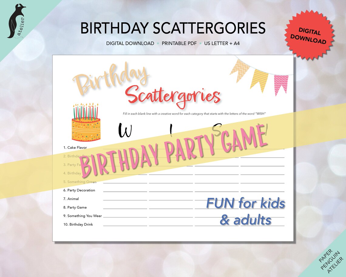 Birthday Scattergories Party Game | Print at Home Birthday ...