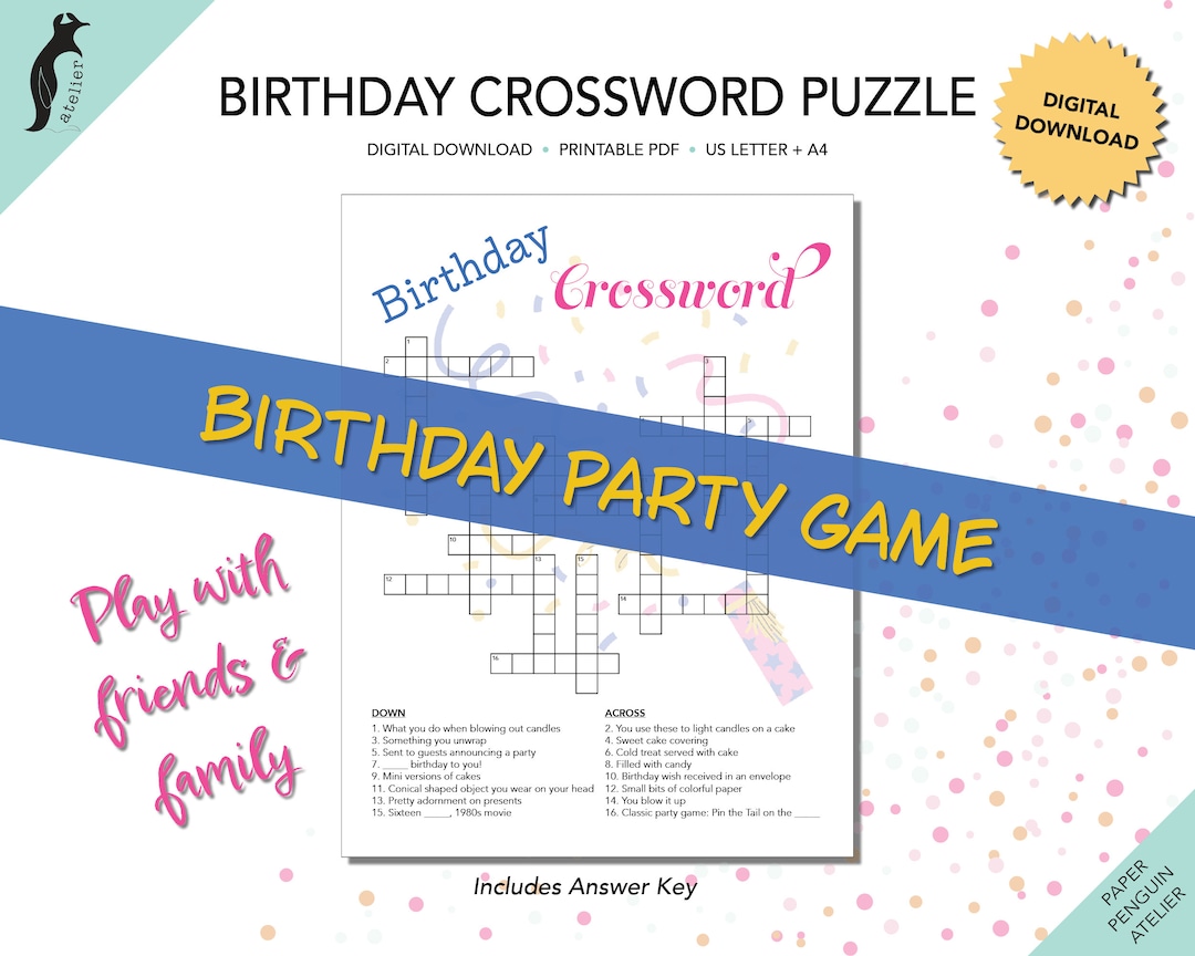Birthday Crossword Puzzle Party Game | Print at Home Birthday Fun ...