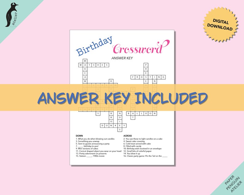 Birthday Crossword Puzzle Party Game | Print at Home Birthday Fun ...
