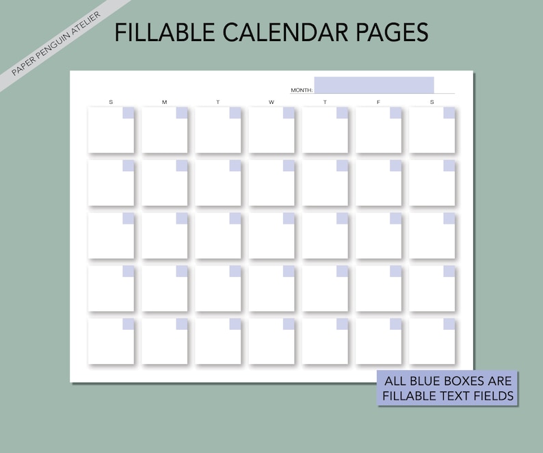 Printable Calendar Pages | Fillable PDF Sunday & Monday Start Calendar ...
