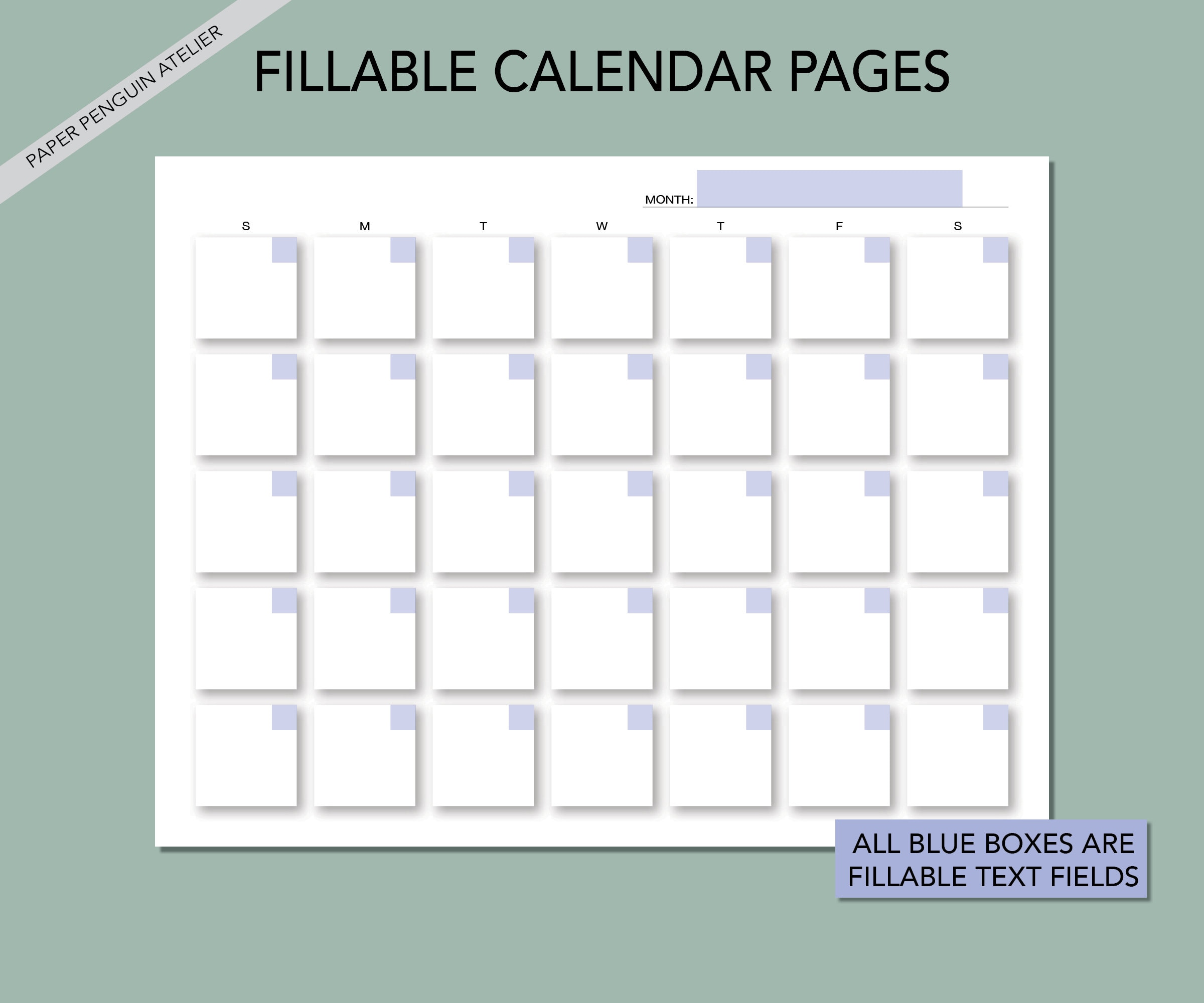 Printable Calendar Pages | Fillable PDF Sunday & Monday Start Calendar ...