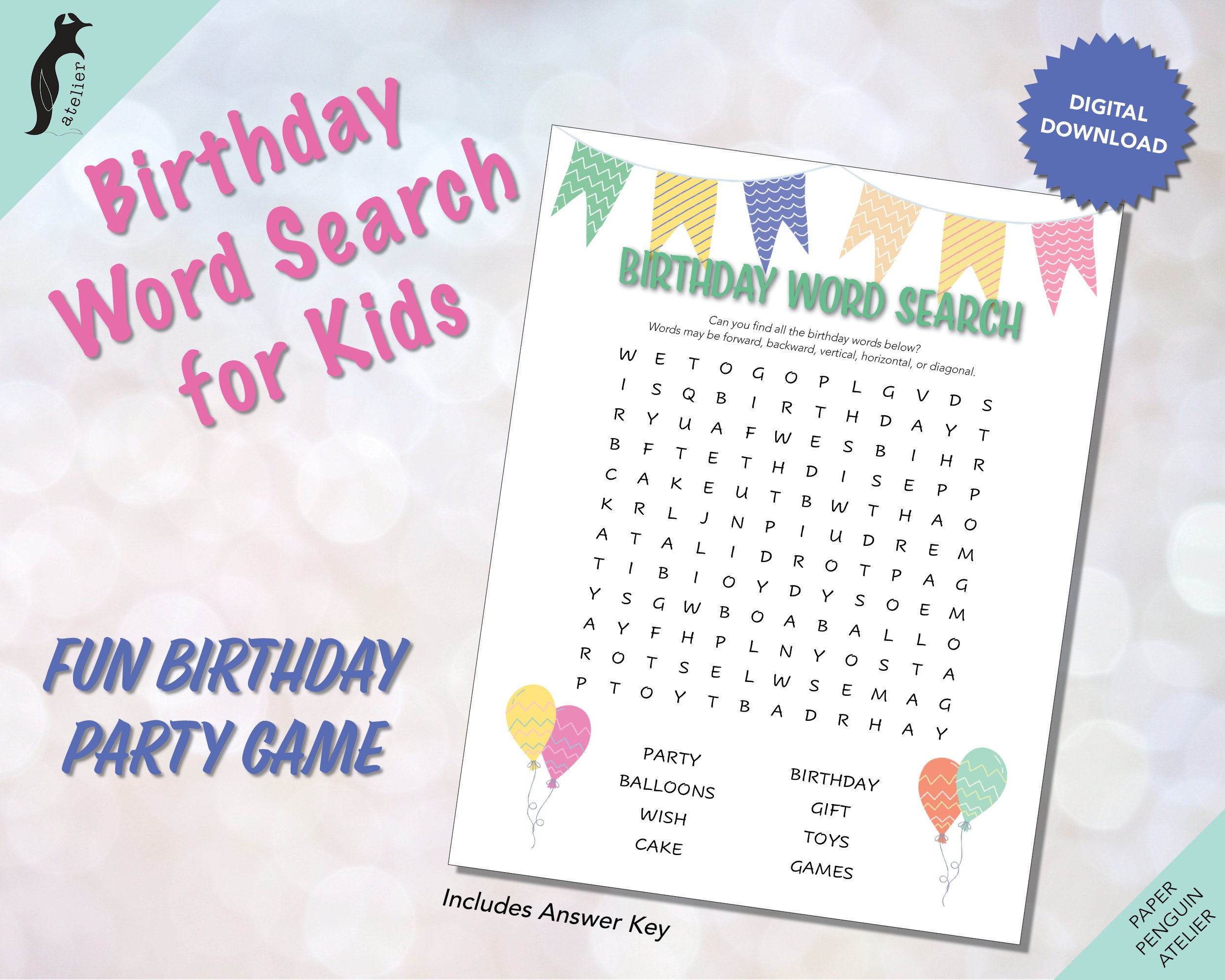 Birthday Kid's Word Search | Print at Home Bday Game | Kids + Adults ...