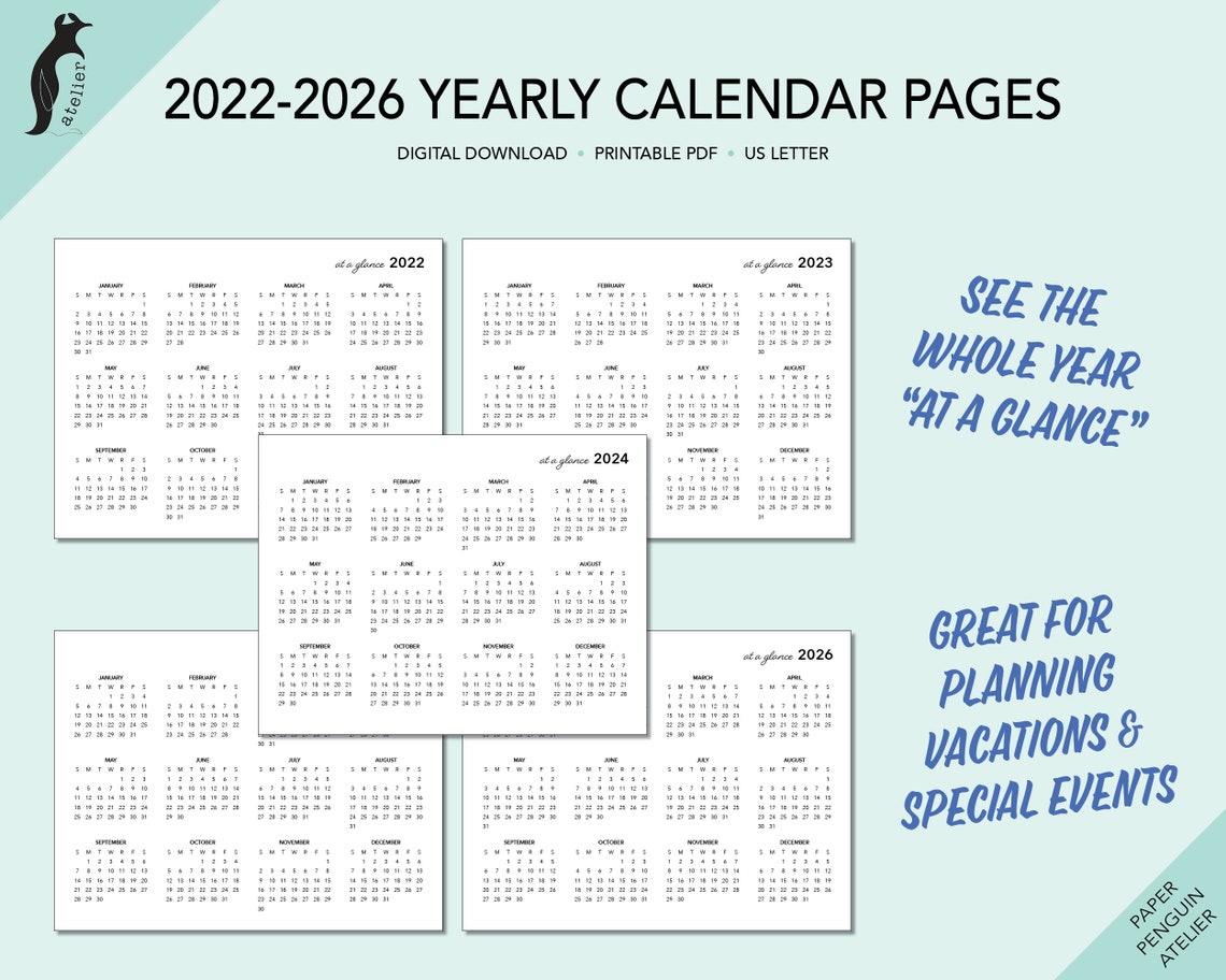 Printable at a Glance Yearly Calendar | 5 Year 2022-2026 Calendar ...