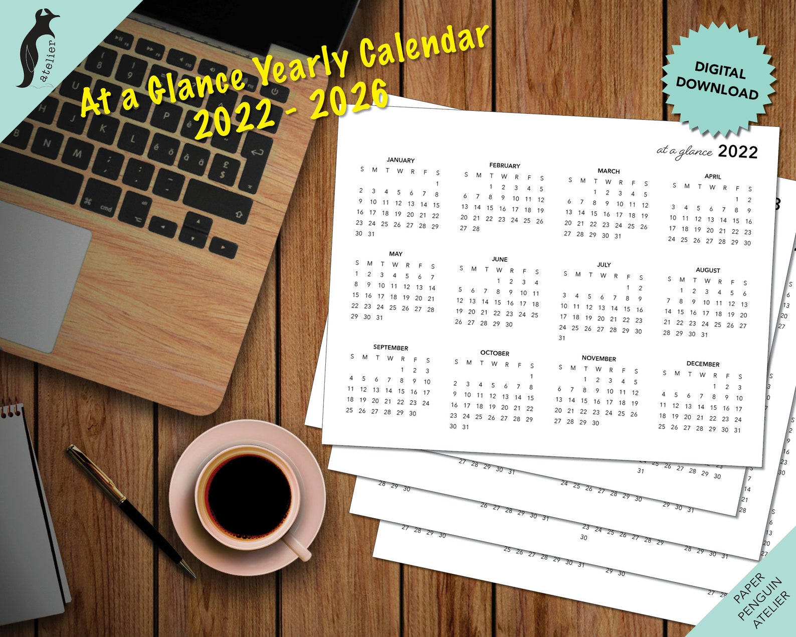 Printable at a Glance Yearly Calendar | 5 Year 2022-2026 Calendar ...