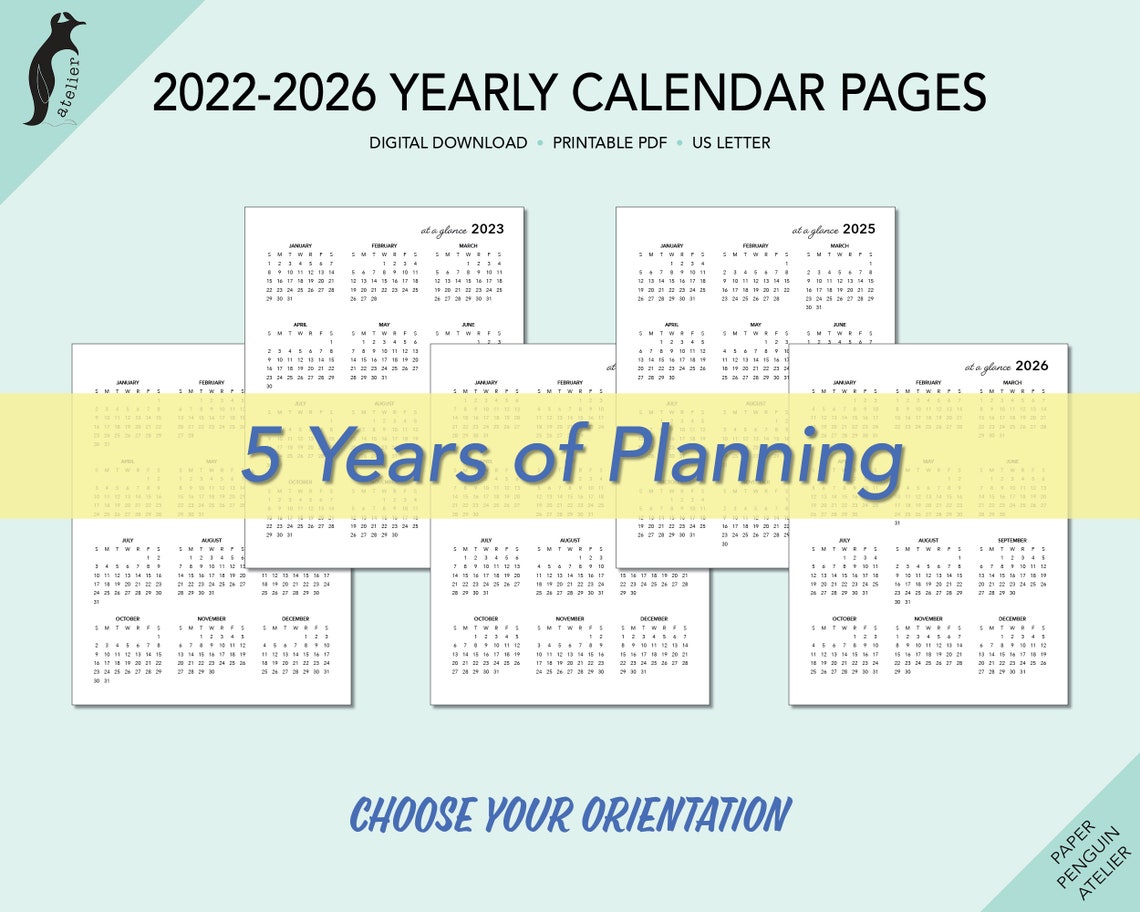 Printable at a Glance Yearly Calendar | 5 Year 2022-2026 Calendar ...