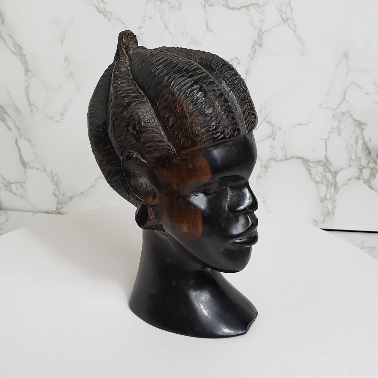 Vintage African Hand Carved Bust Tribal Art Ebony Wood Figurine Home ...