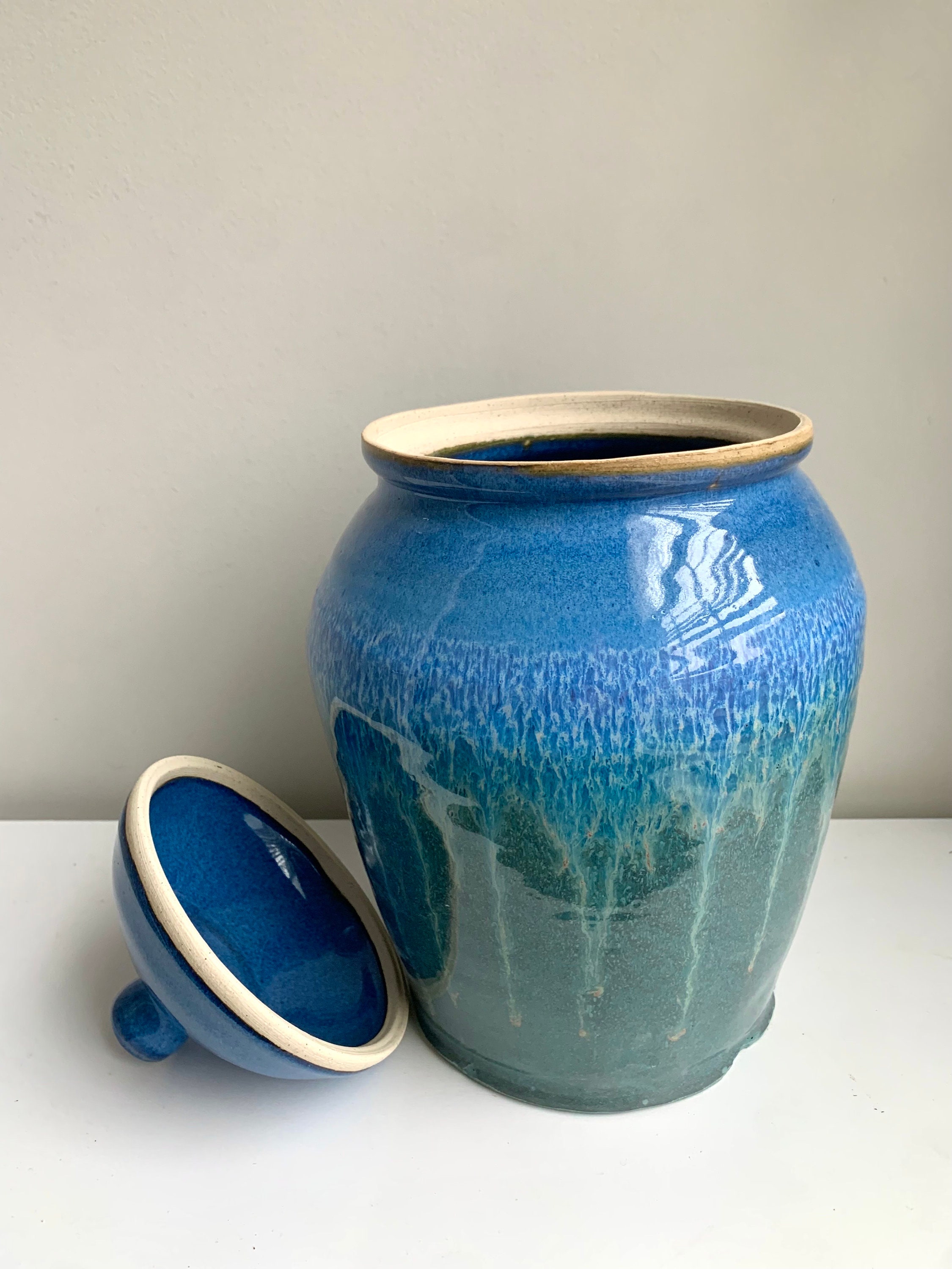 Handmade Cookie Jar With Lid, Pottery, Ceramic, Green Blue Torquoise ...