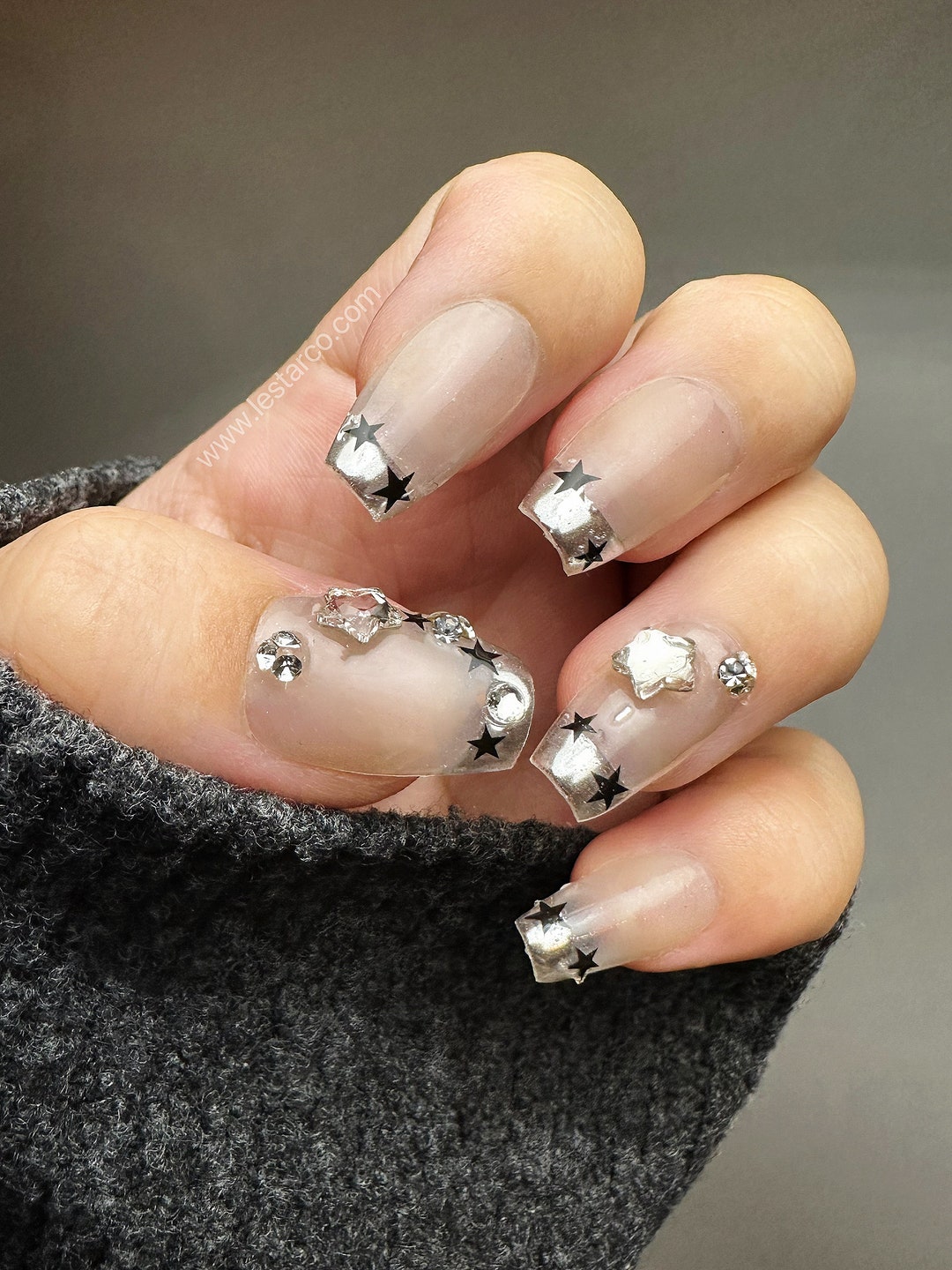 Silver French Star Press on Nails: Handmade Reusable Gel Nails - Etsy