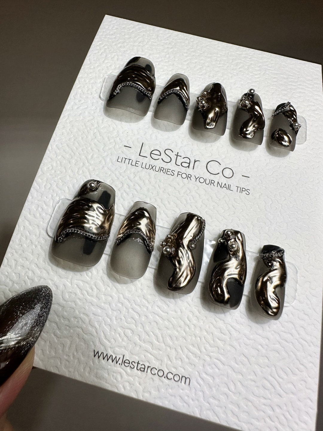 Reusable Chrome Silver Matte Black | Handmade Press on Gel Nails ...