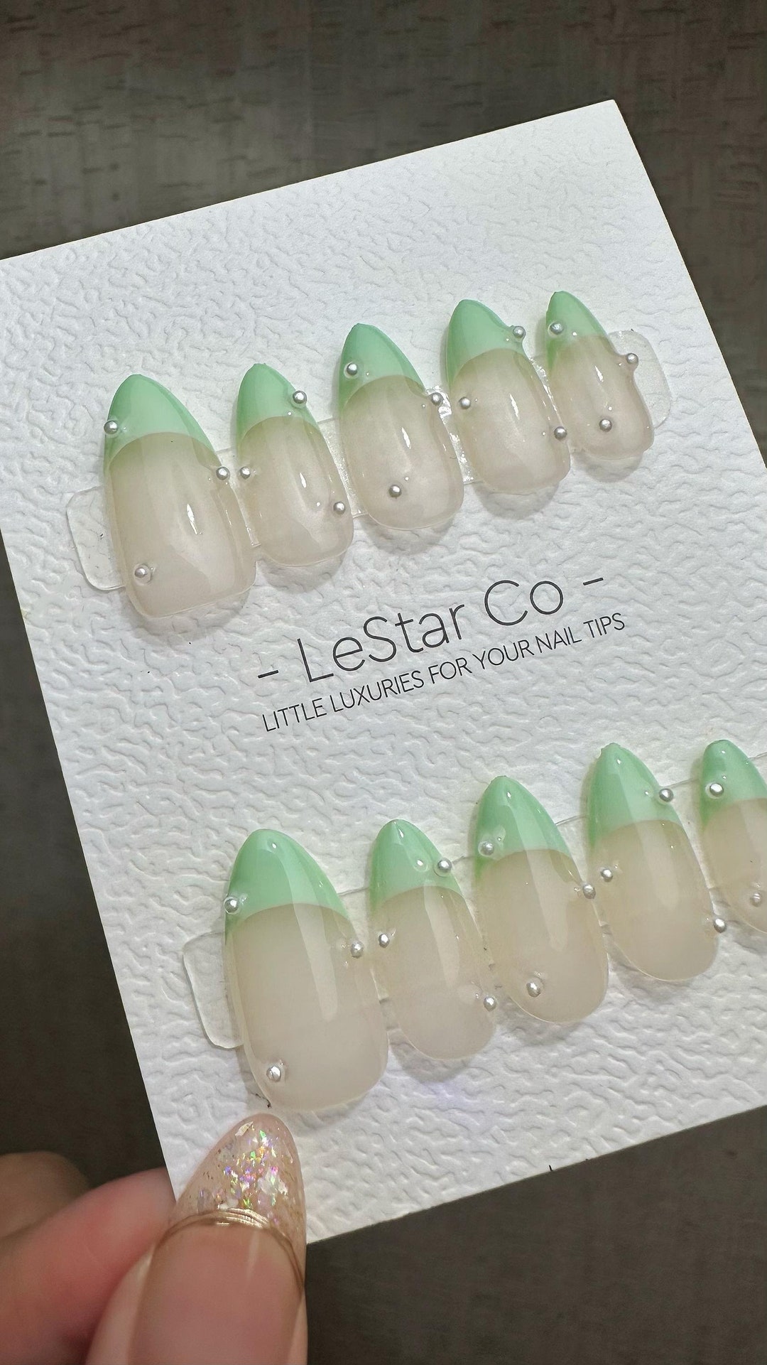 Reusable Chic Minimalist Mint French Tip With Pearl | Press on Nails ...