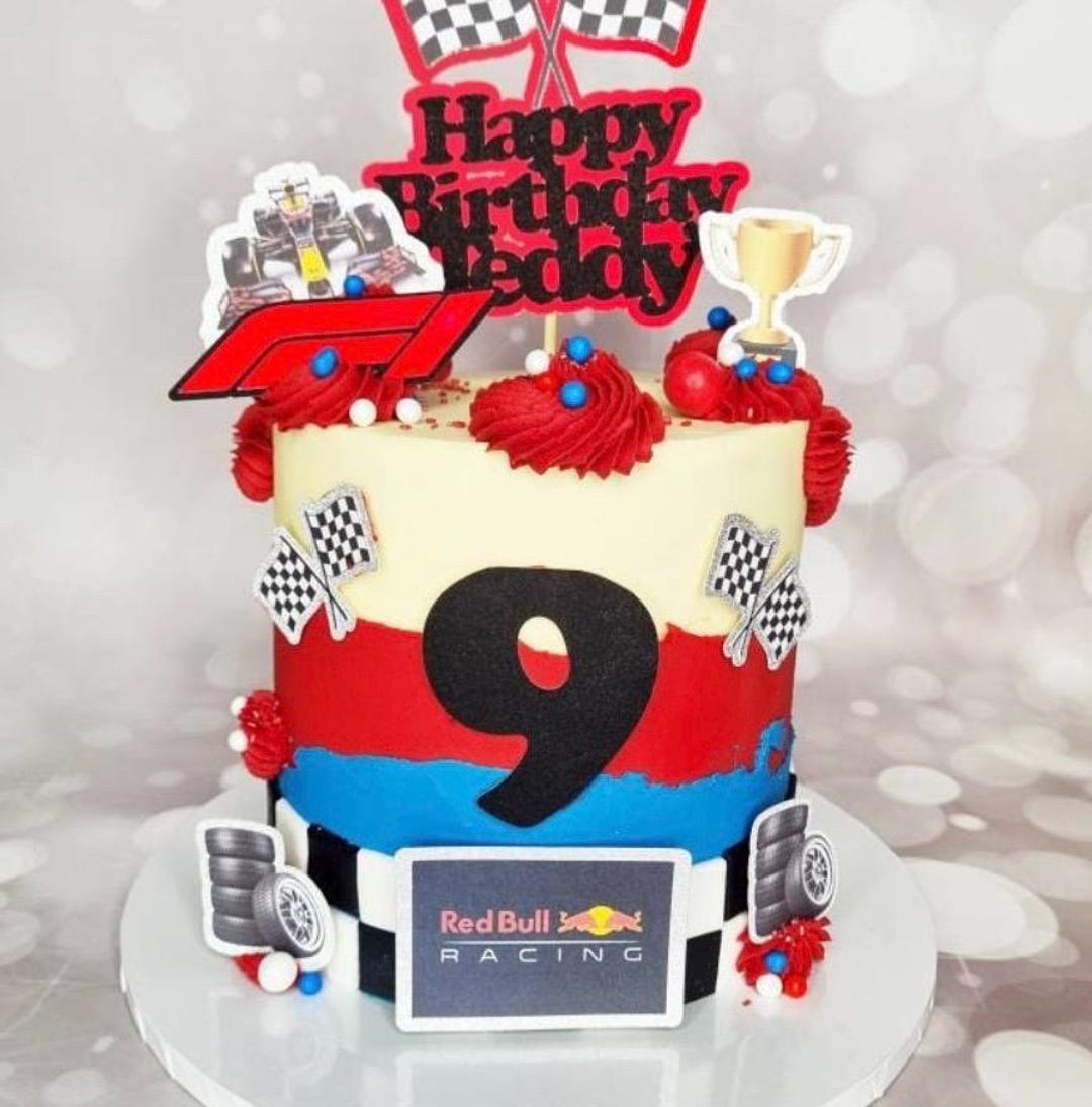Red Bull Racing Car F1 Cake Topper Set Personalised Name and Age - Card ...