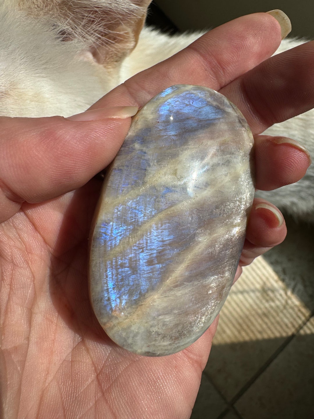 Moonstone Sunstone Flashy Palm Stone Palmstone Lots of Blue Flashes and Shimmer Big Large Rare ...